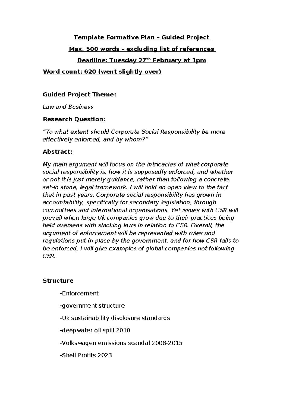 Business law project plan- formative assessment - Template Formative ...