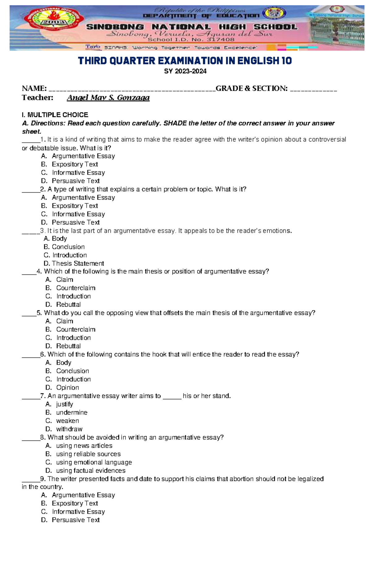 Eng 10 3RD Q - THIRD QUARTER EXAMINATION IN ENGLISH 10 SY 202 3 - 2024 ...