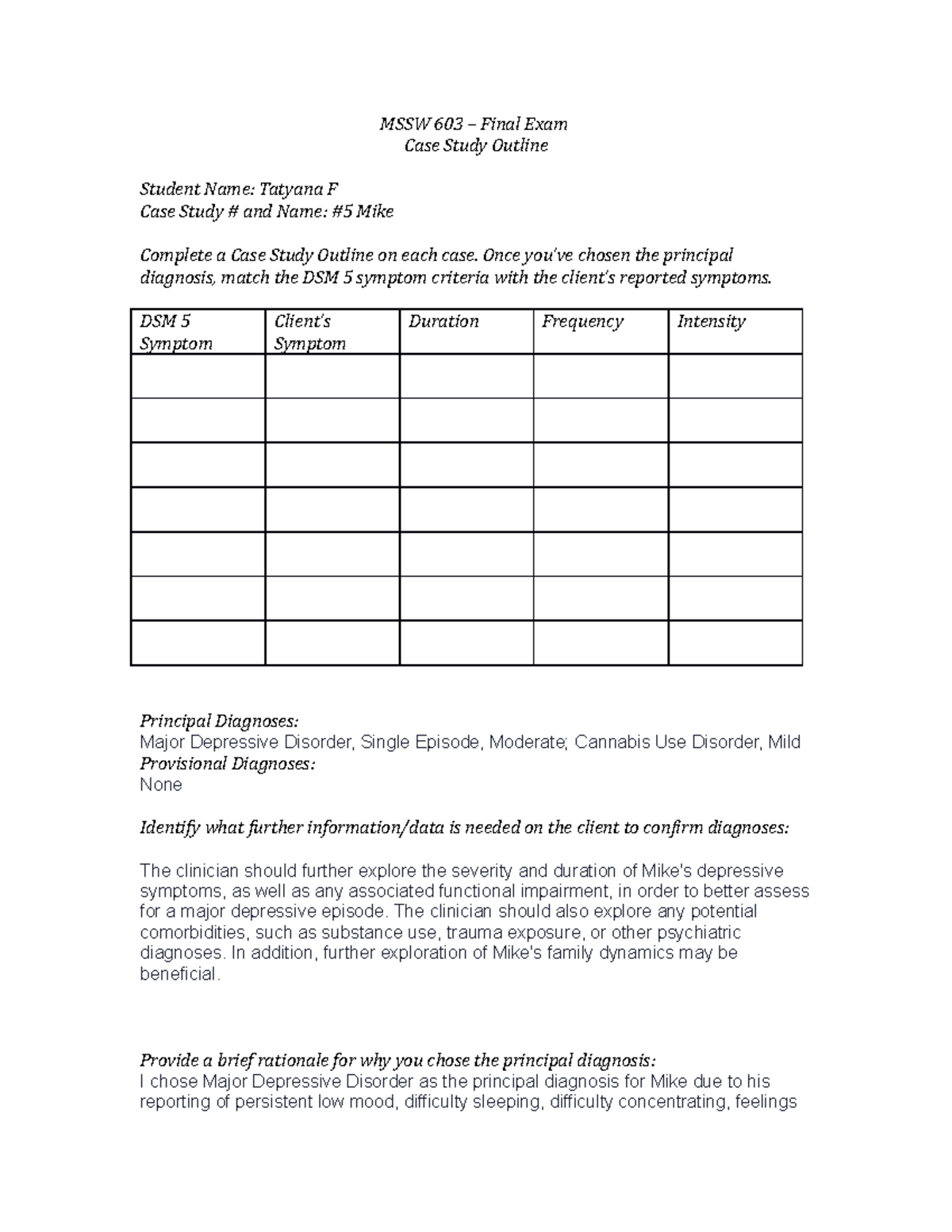 MSSW 603 case study #5 mike - MSSW 603 – Final Exam Case Study Outline ...