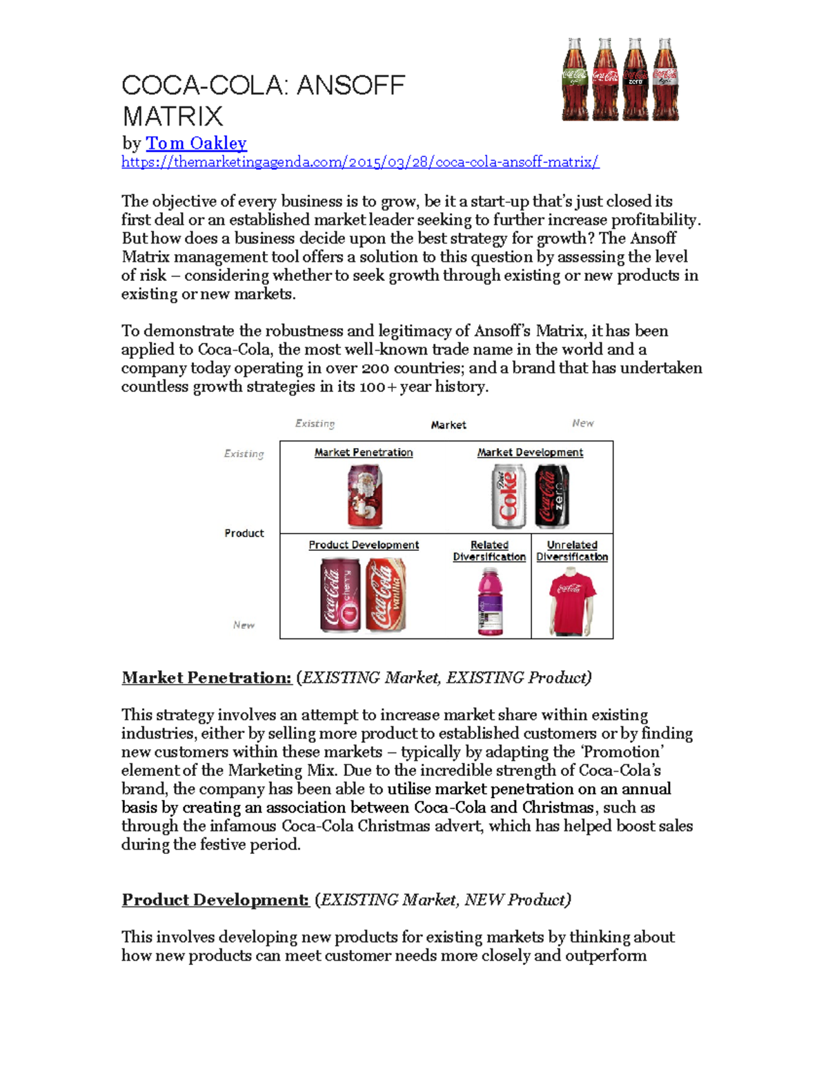 Ansoff Matrix example - Coke - THE MARKETING AGENDA COCA-COLA: ANSOFF ...