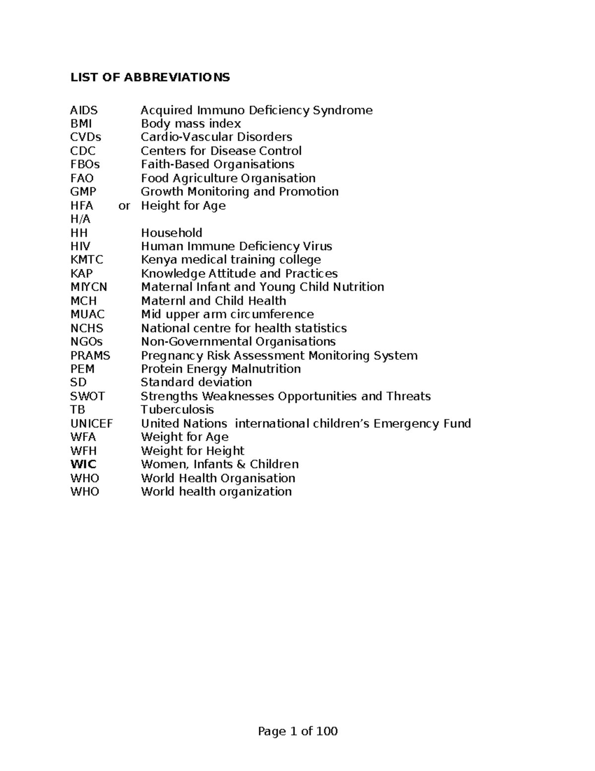 Nutrition surveillance notes - LIST OF ABBREVIATIONS AIDS Acquired ...