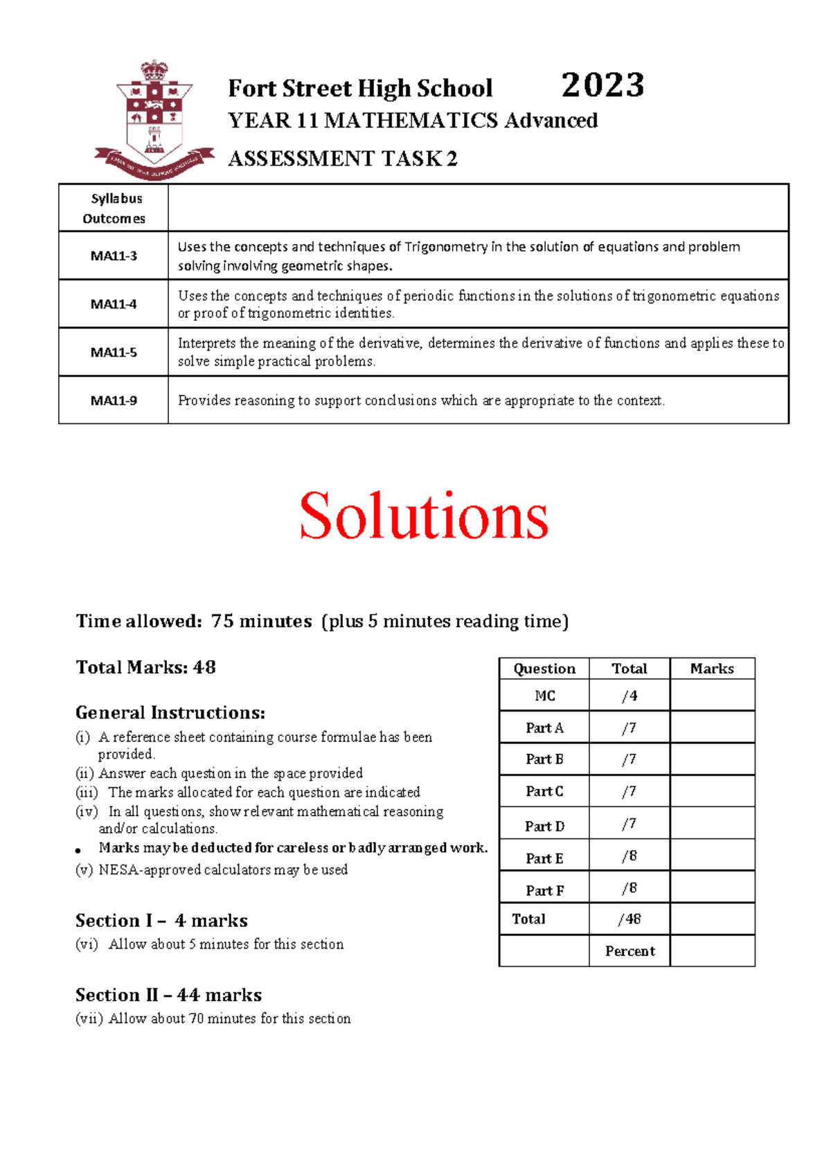 2023 Yr 11 Mathematics Adv Task 2 Solutions - Fort Street High School ...