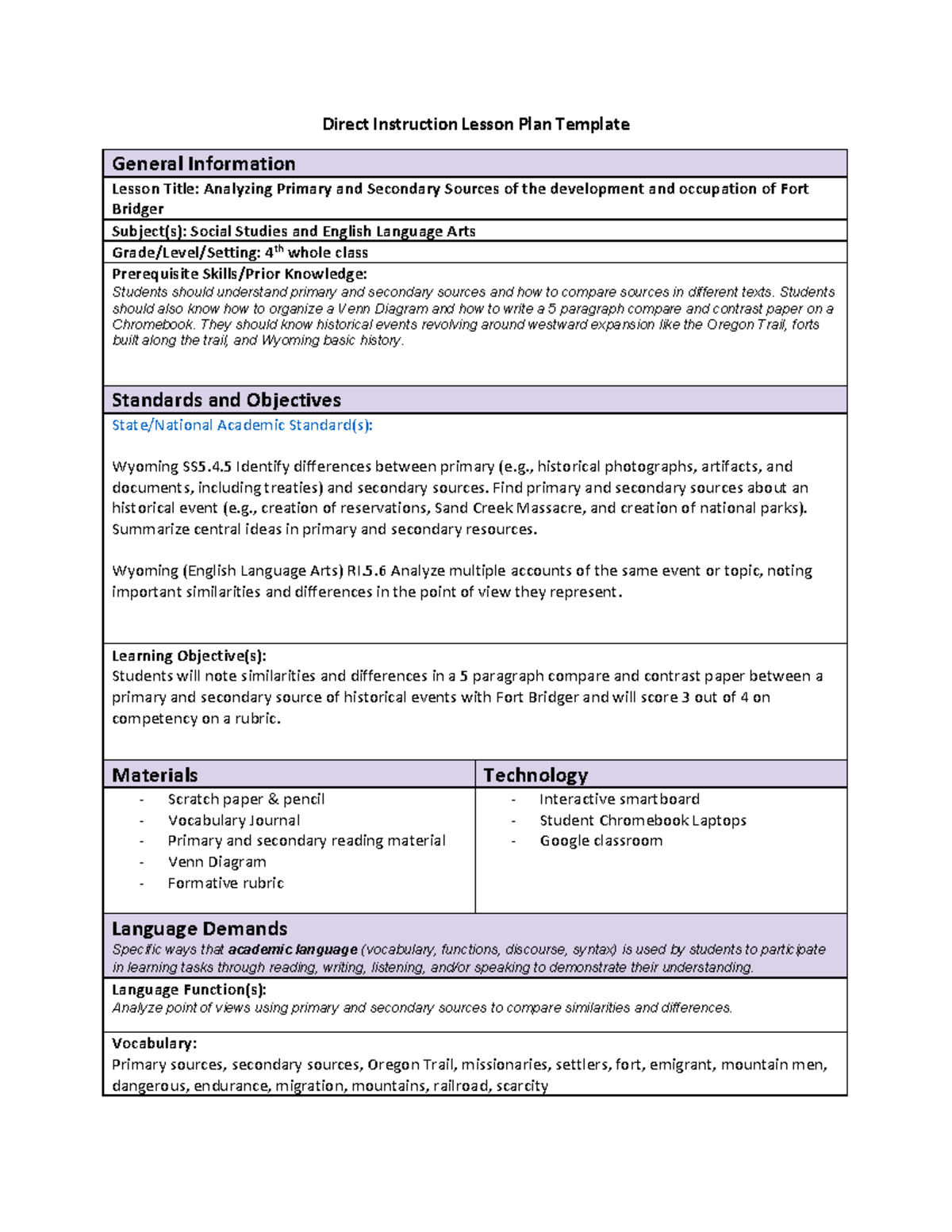 Disciplinary Literacy Task 2 Writing - Direct Instruction Lesson Plan ...