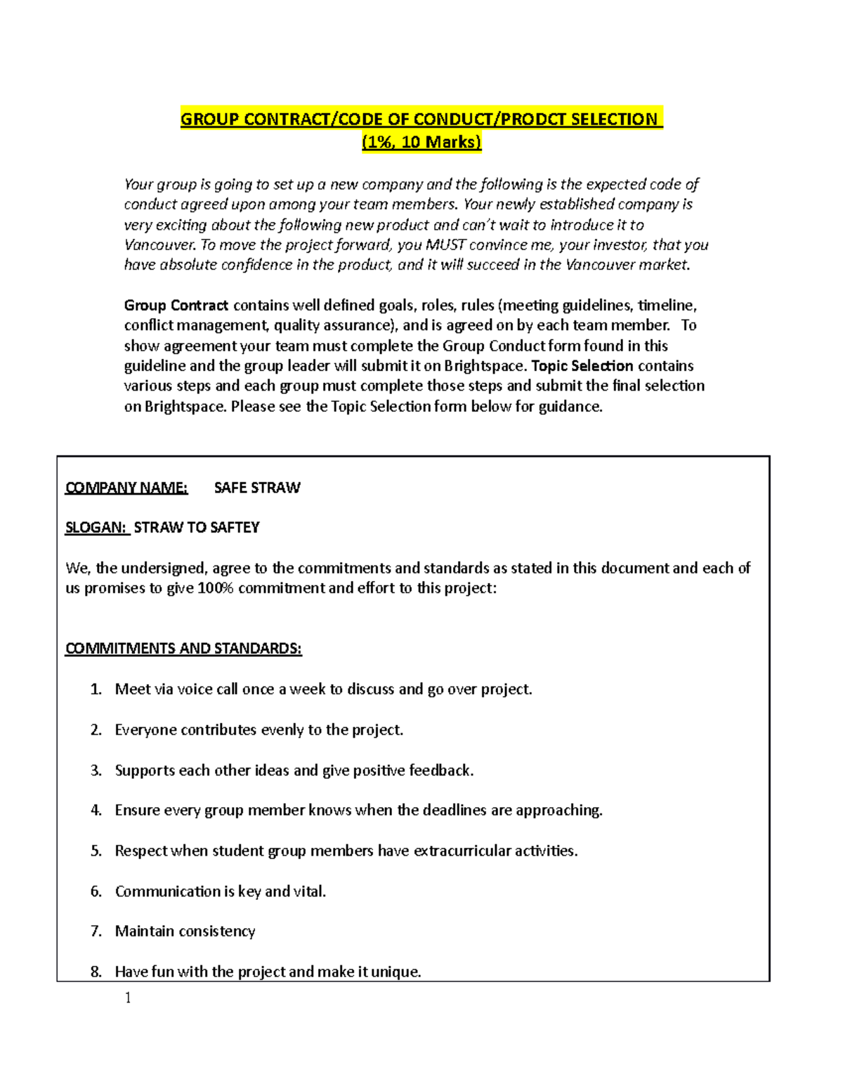 Group Project - MARK 1115 - GROUP CONTRACT/CODE OF CONDUCT/PRODCT ...