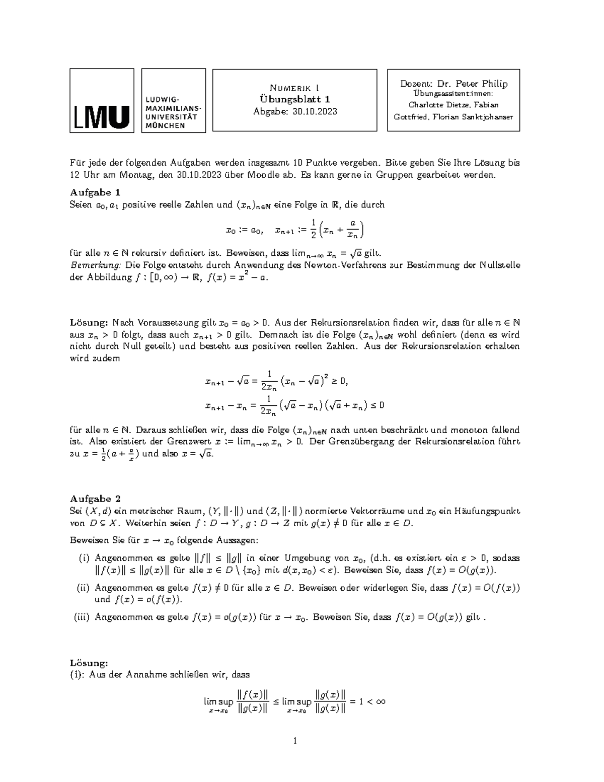 Übungsblatt Nummer 1 - Numerik 1 Ubungsblatt 1 ̈ Abgabe: 30 ...