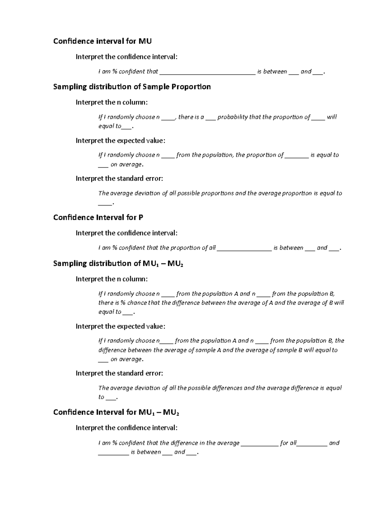 Interpretation template - Confidence interval for MU Interpret the ...