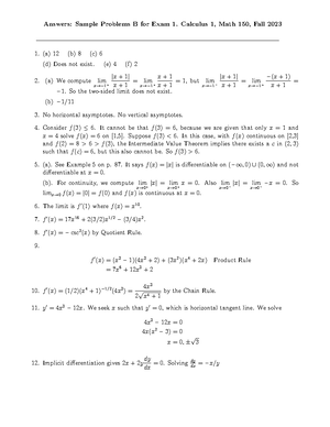 Math150 Exam1 Practice A Sample Problems A For Exam 1 Calculus 1