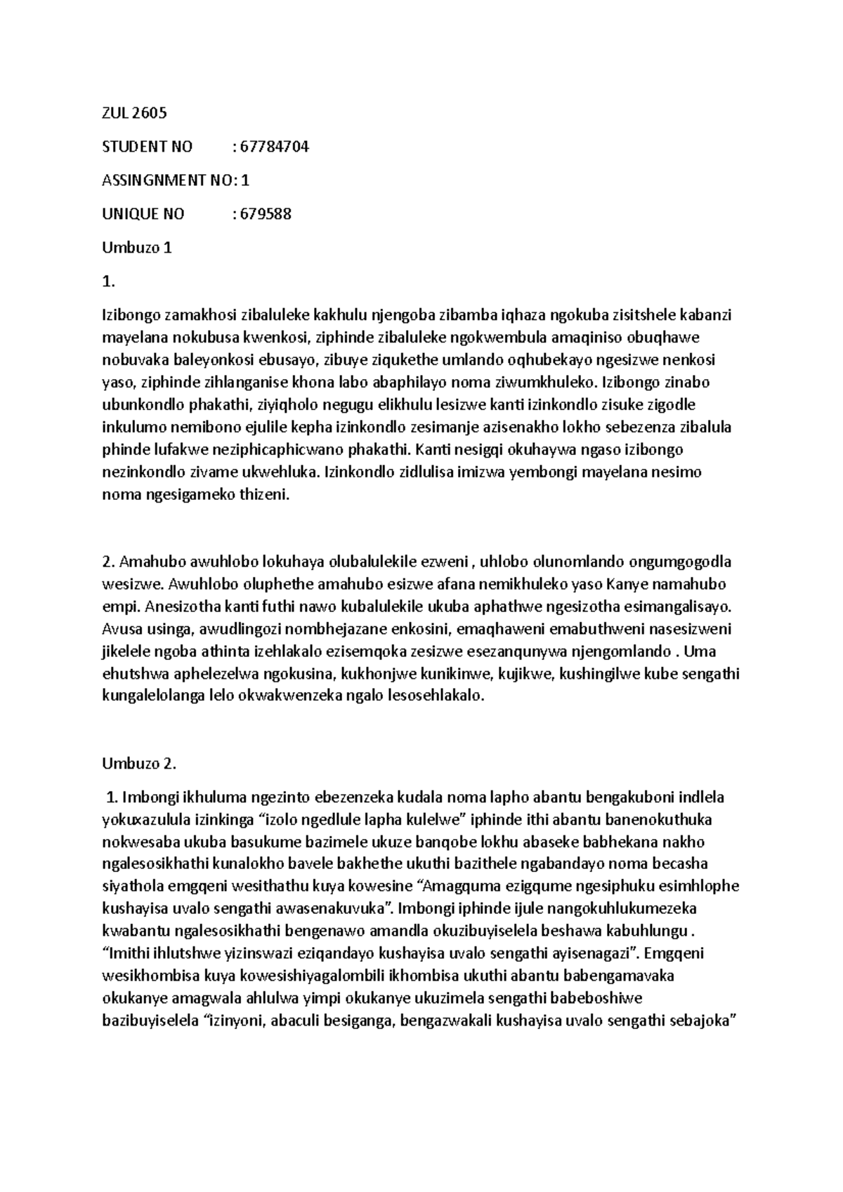 Assignment 2 for isizulu for 2021 good - ZUL 2605 STUDENT NO : 67784704 ...