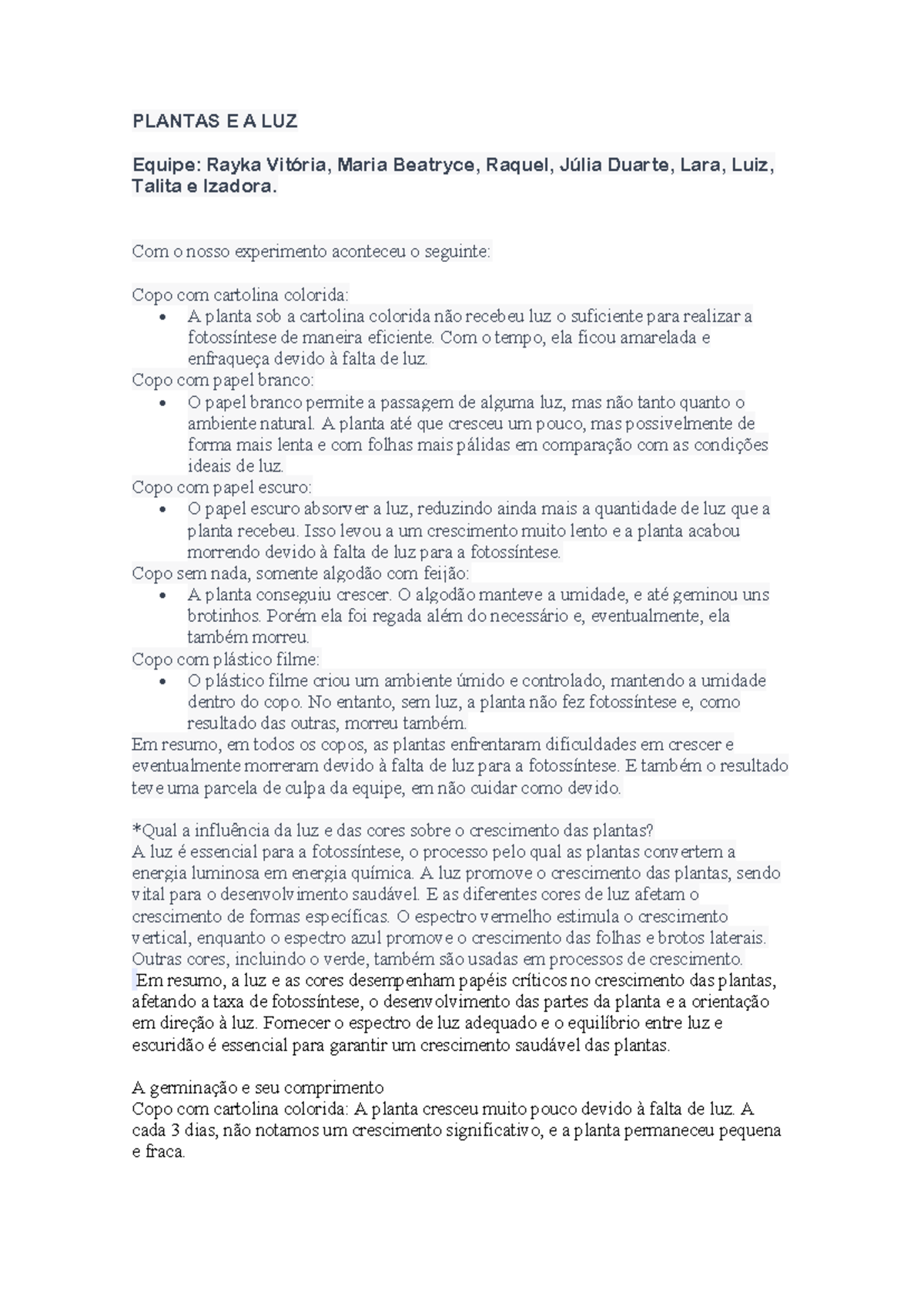 Plantas e a Luz - mlucf - PLANTAS E A LUZ Equipe: Rayka Vitória, Maria ...