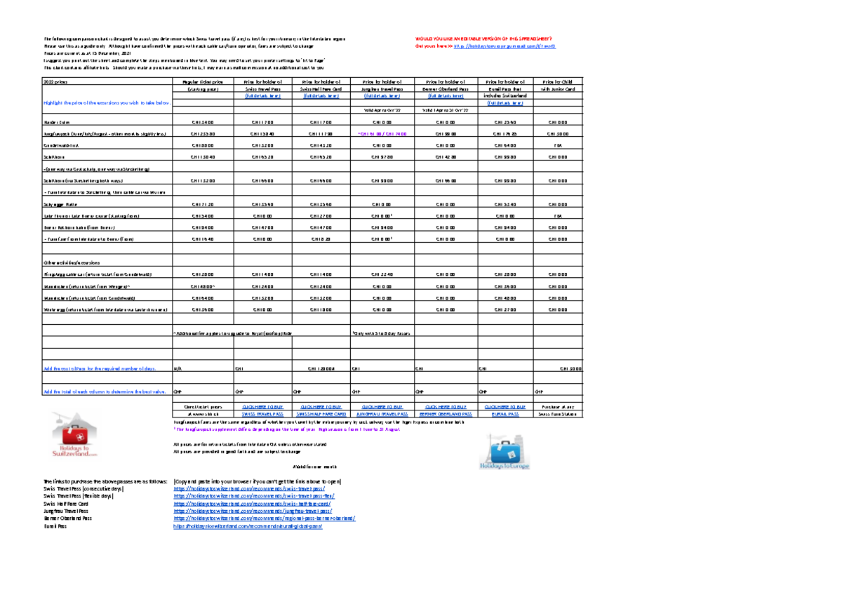 Interlaken region rail pass comparison 2022 Sheet 1 - The following ...
