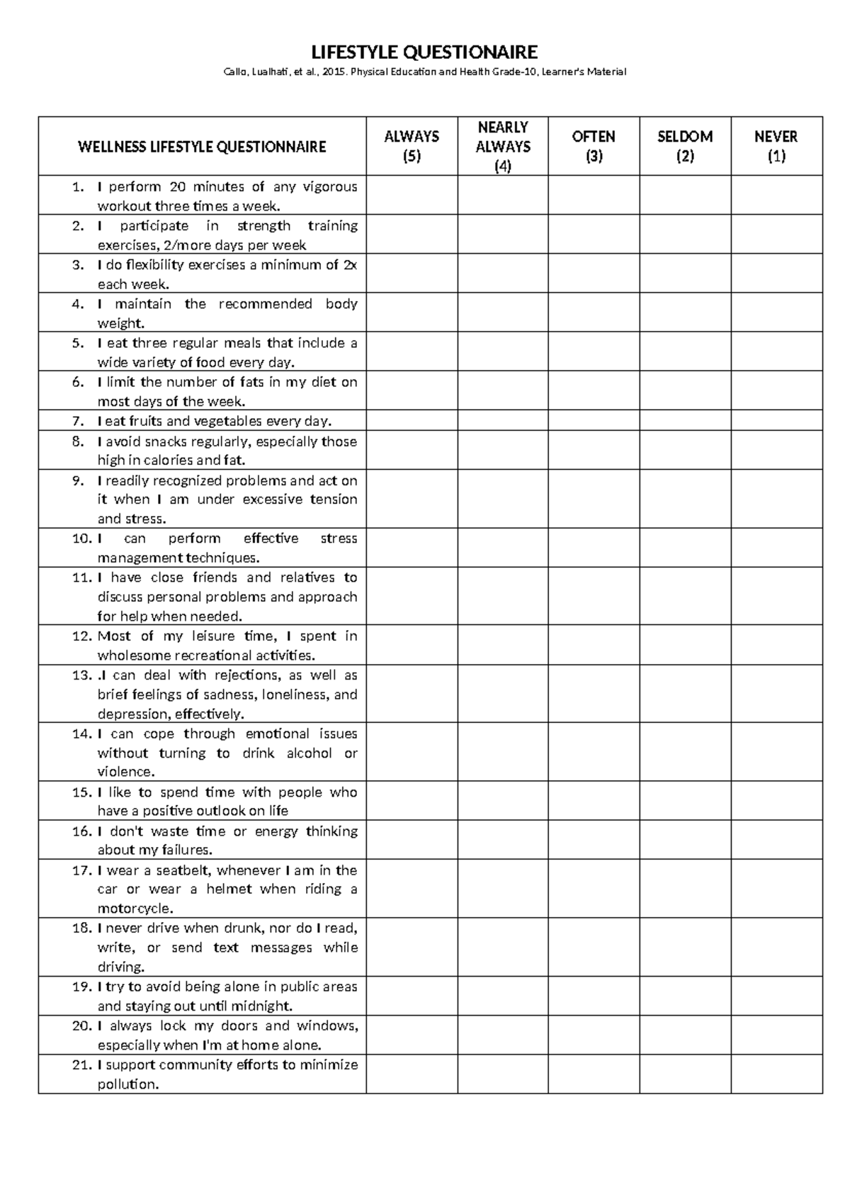 Lifestyle Questionaire - LIFESTYLE QUESTIONAIRE Callo, Lualhati, et al ...
