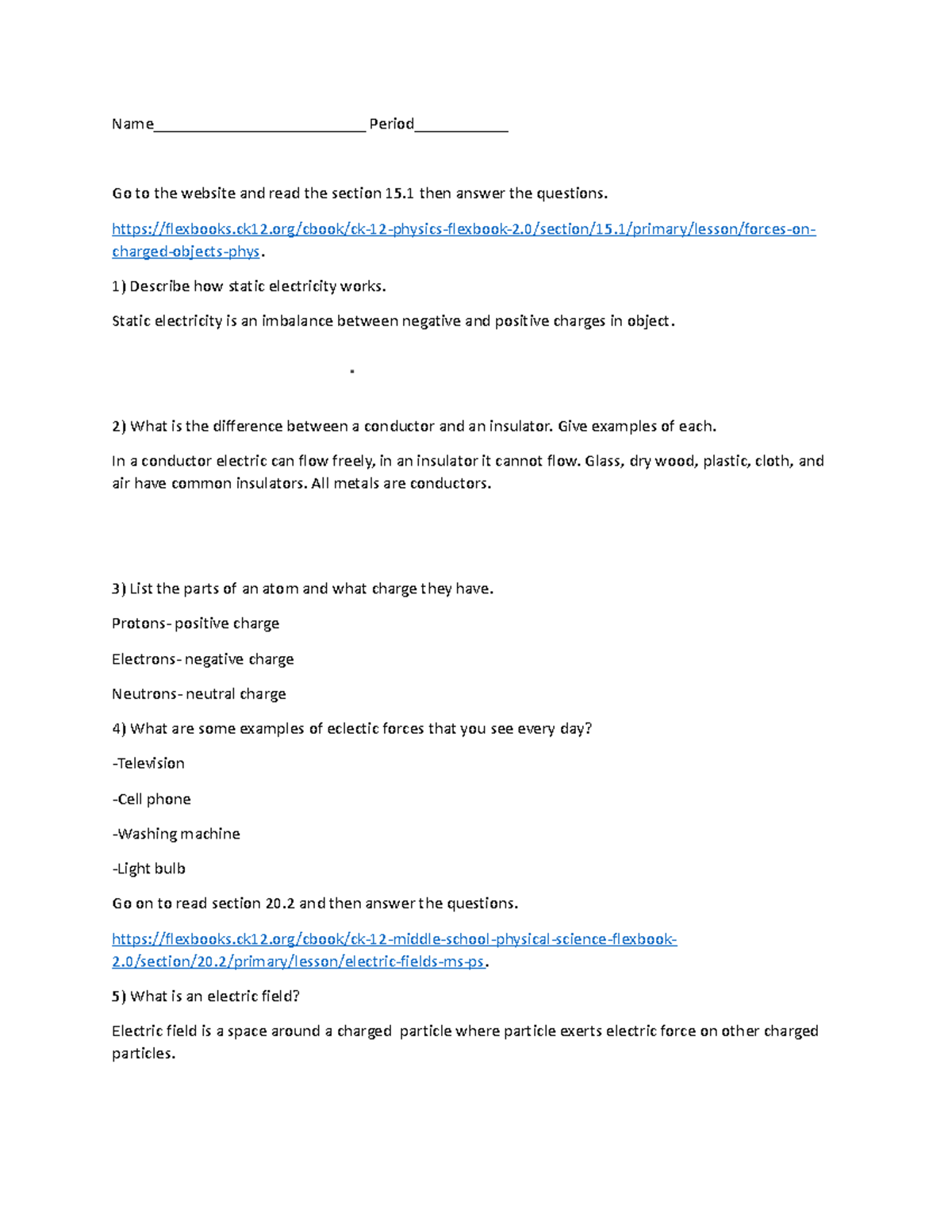 Electric Forces HW - Name_________________________ Period___________ Go ...