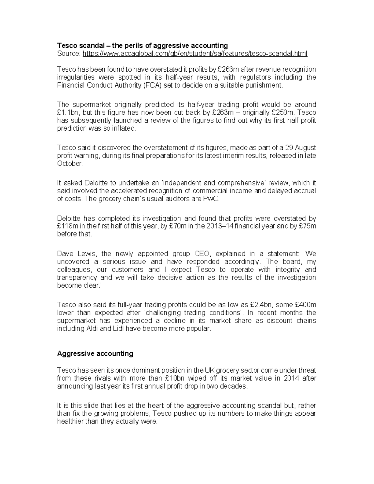 Week 4 Tutorial Activity - Tesco scandal – the perils of aggressive ...