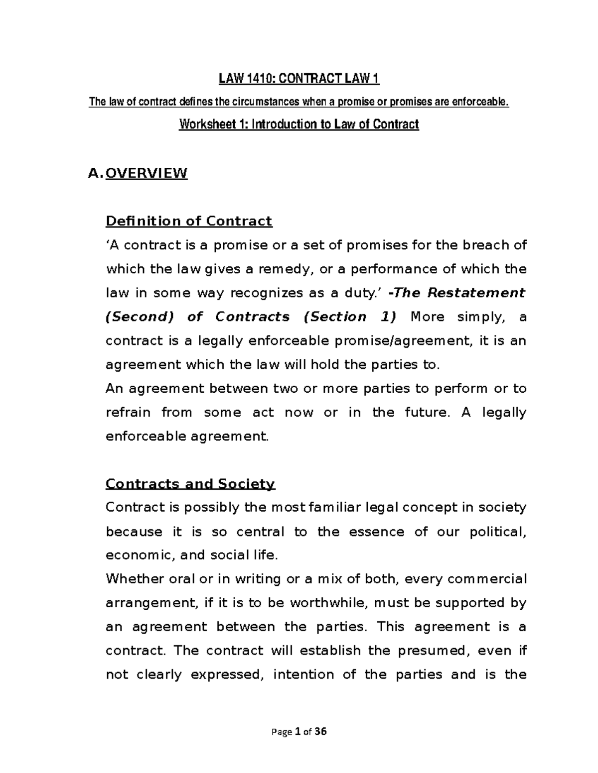Contract Law Notes: Nature of Contract + Agreement - LAW 1410: CONTRACT ...