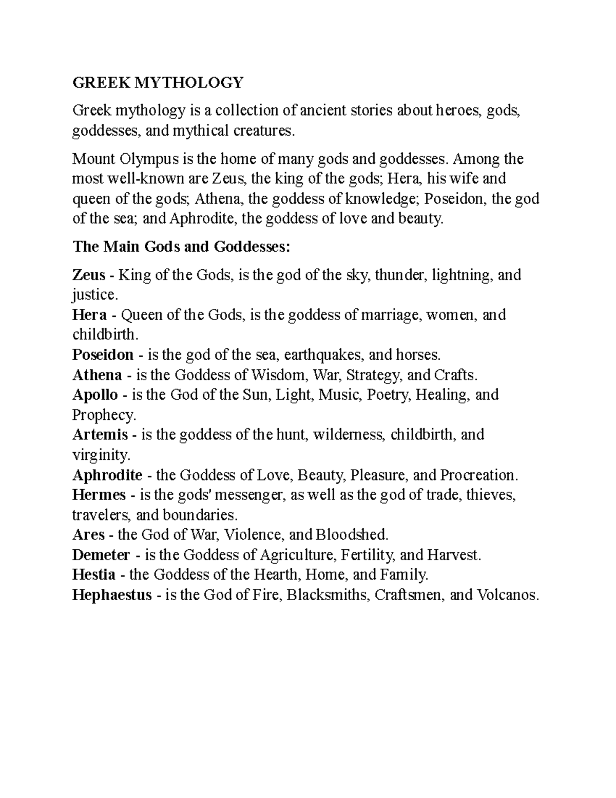 Greek Mythology - GREEK MYTHOLOGY Greek mythology is a collection of ...