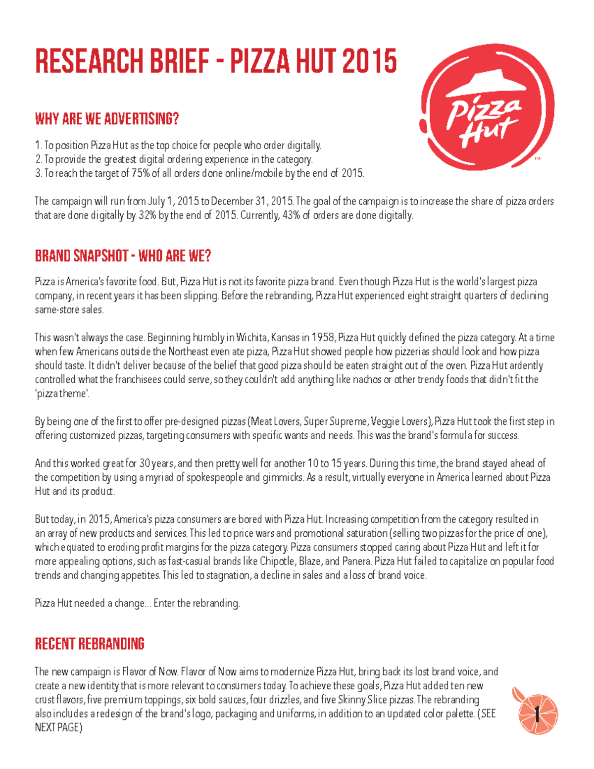 Research Brief sample Pizza hut - Research Brief - Pizza Hut 2015 why ...