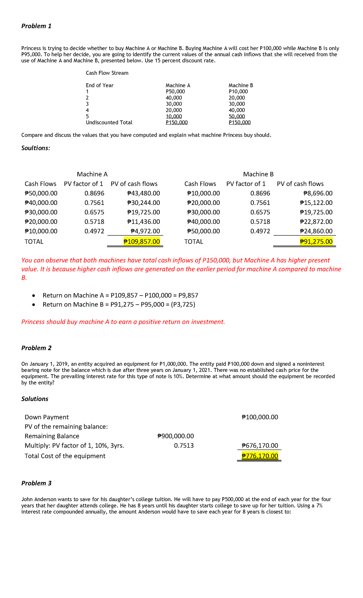 Time Value of Money Problems w Solutions - Problem 1 Princess is trying ...