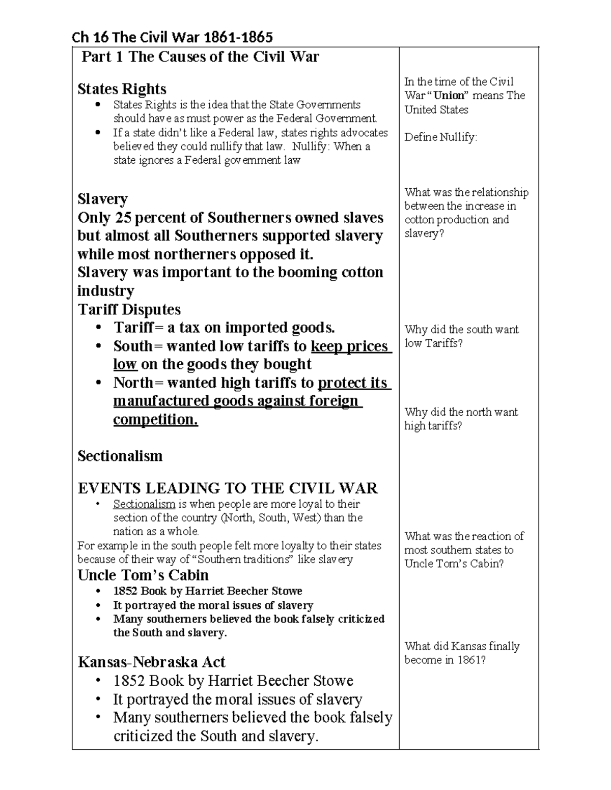 Causes of Civil War and Texas Cecession Notes+ - Ch 16 The Civil War ...