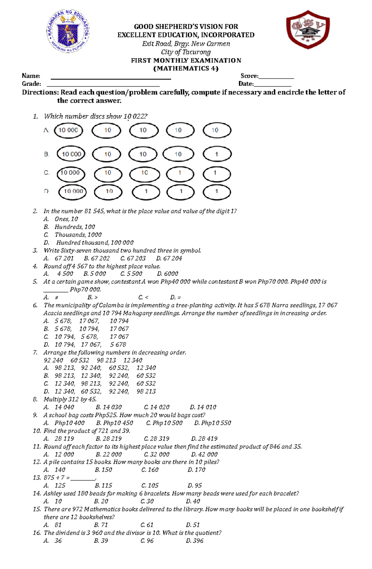 4-Math-1 - exam - GOOD SHEPHERD’S VISION FOR EXCELLENT EDUCATION, INCORPORATED Exit Road, Brgy ...