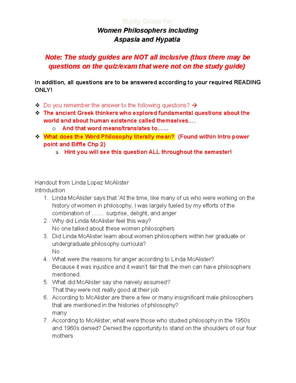 Study Guide#4.Women Philosophers - Study Guide for Women Philosophers ...