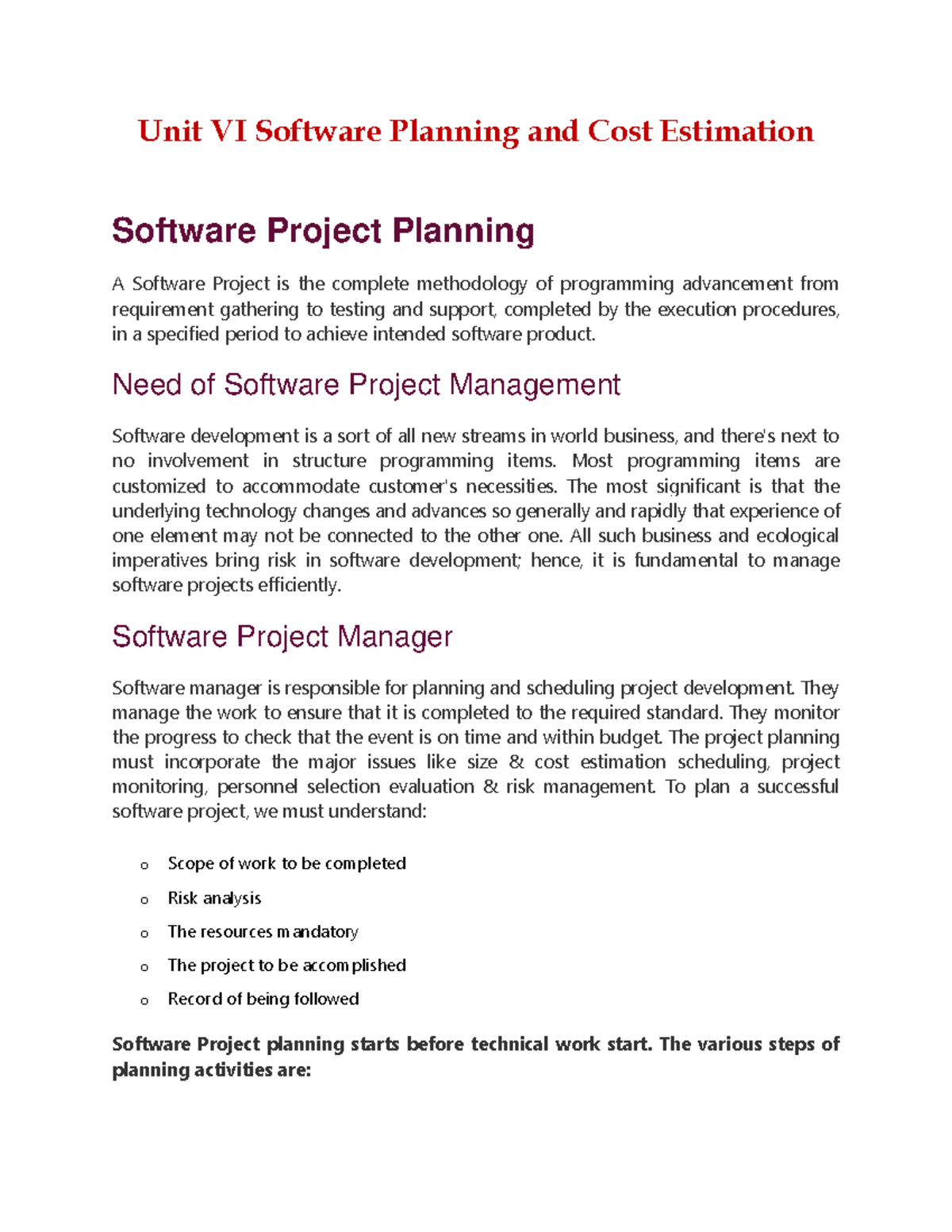Unit 6 Notes - Unit VI Software Planning and Cost Estimation Software ...