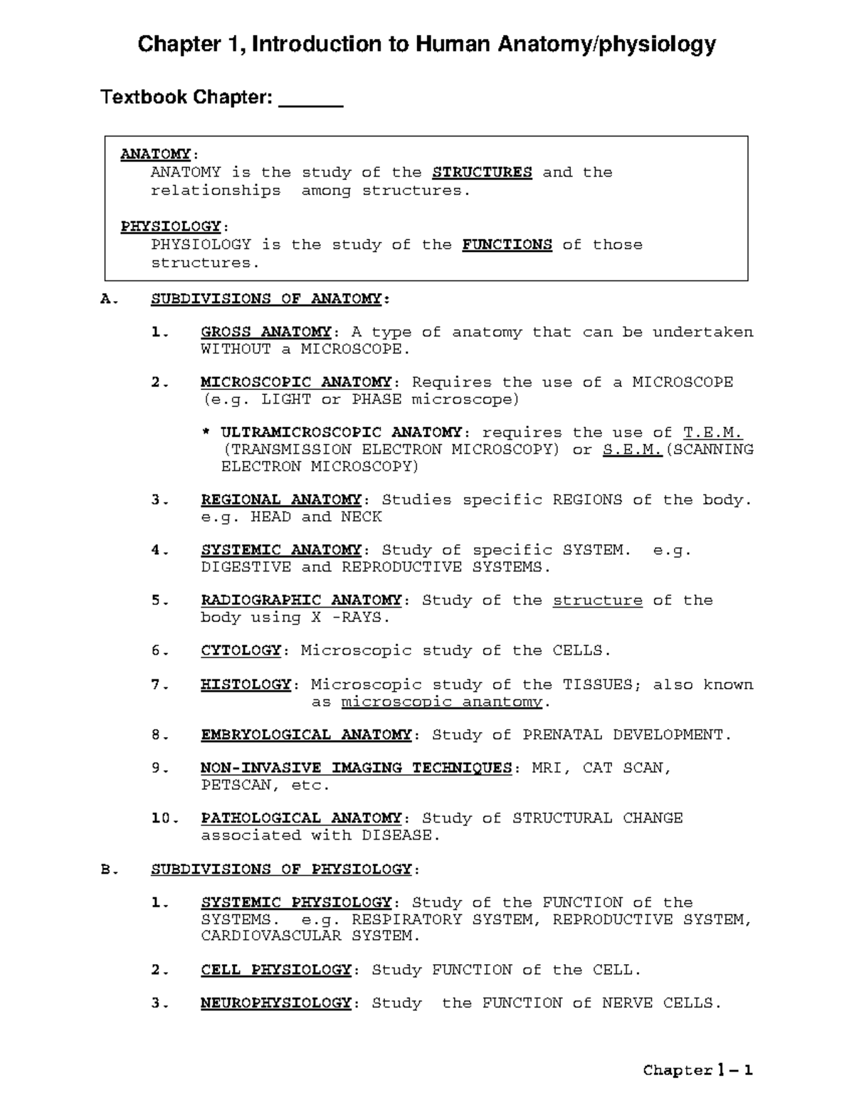 Anatomy notes - Chapter 1, Introduction to Human Anatomy/physiology ...