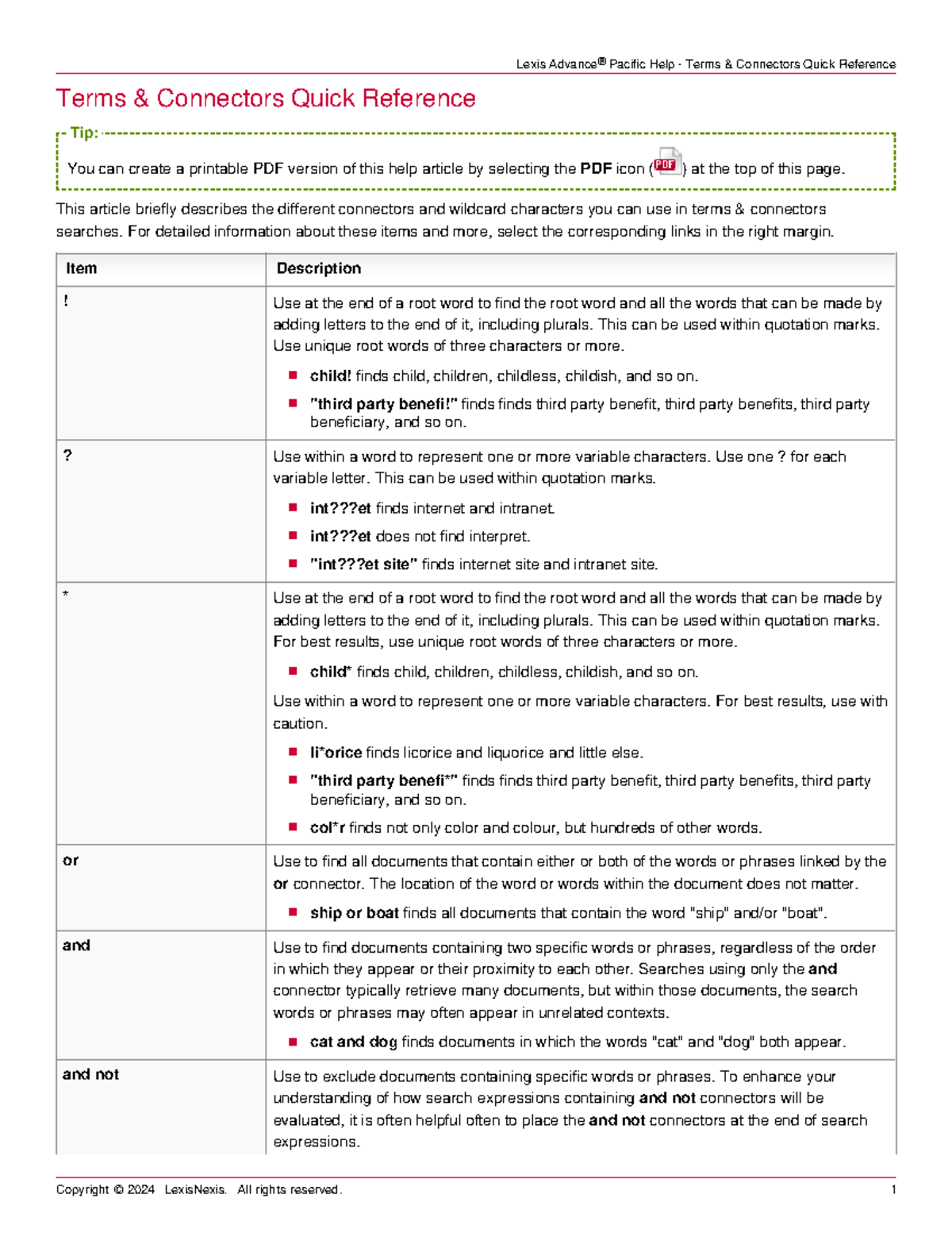 Lexis Advance, Terms Connectors Quick Reference Sheet - Lexis Advance ...