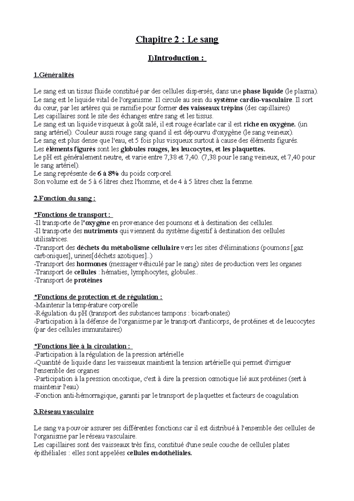 2 ; le sang - Chapitre 2 : Le sang I)Introduction : 1énéralités Le sang ...