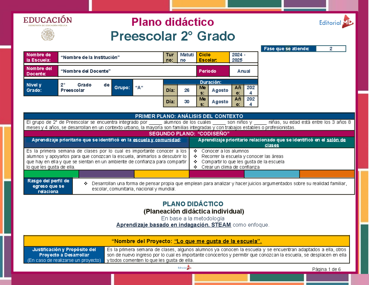 Planeación Primera semana de clases - Plano didáctico Preescolar 2 ...