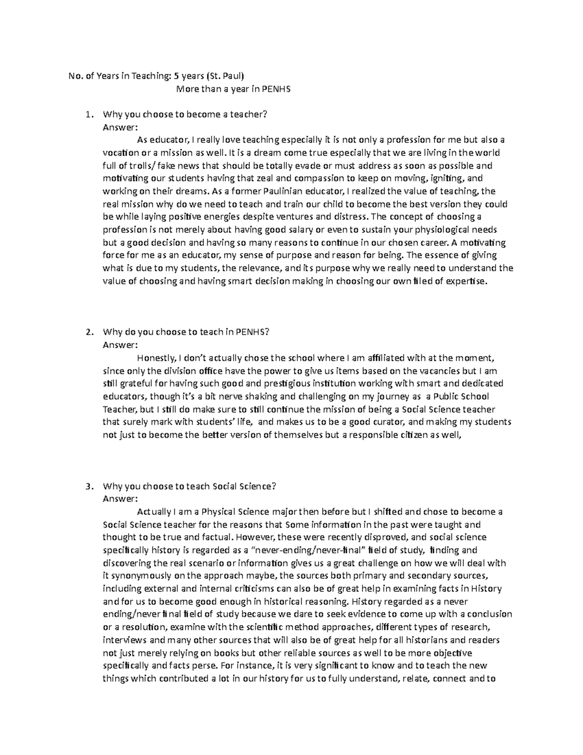 Sample Interview for Teachers - No. of Years in Teaching: 5 years (St ...