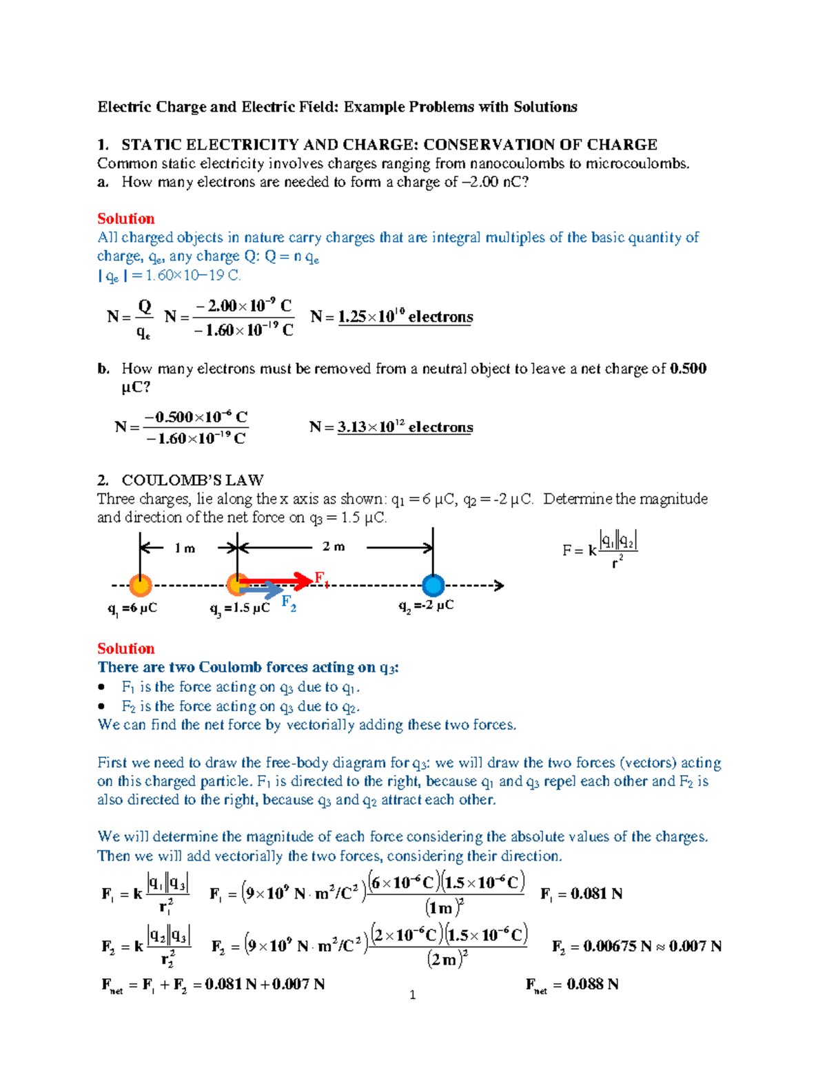 Electric Charge and Electric Field Example Problems with Solutions ...