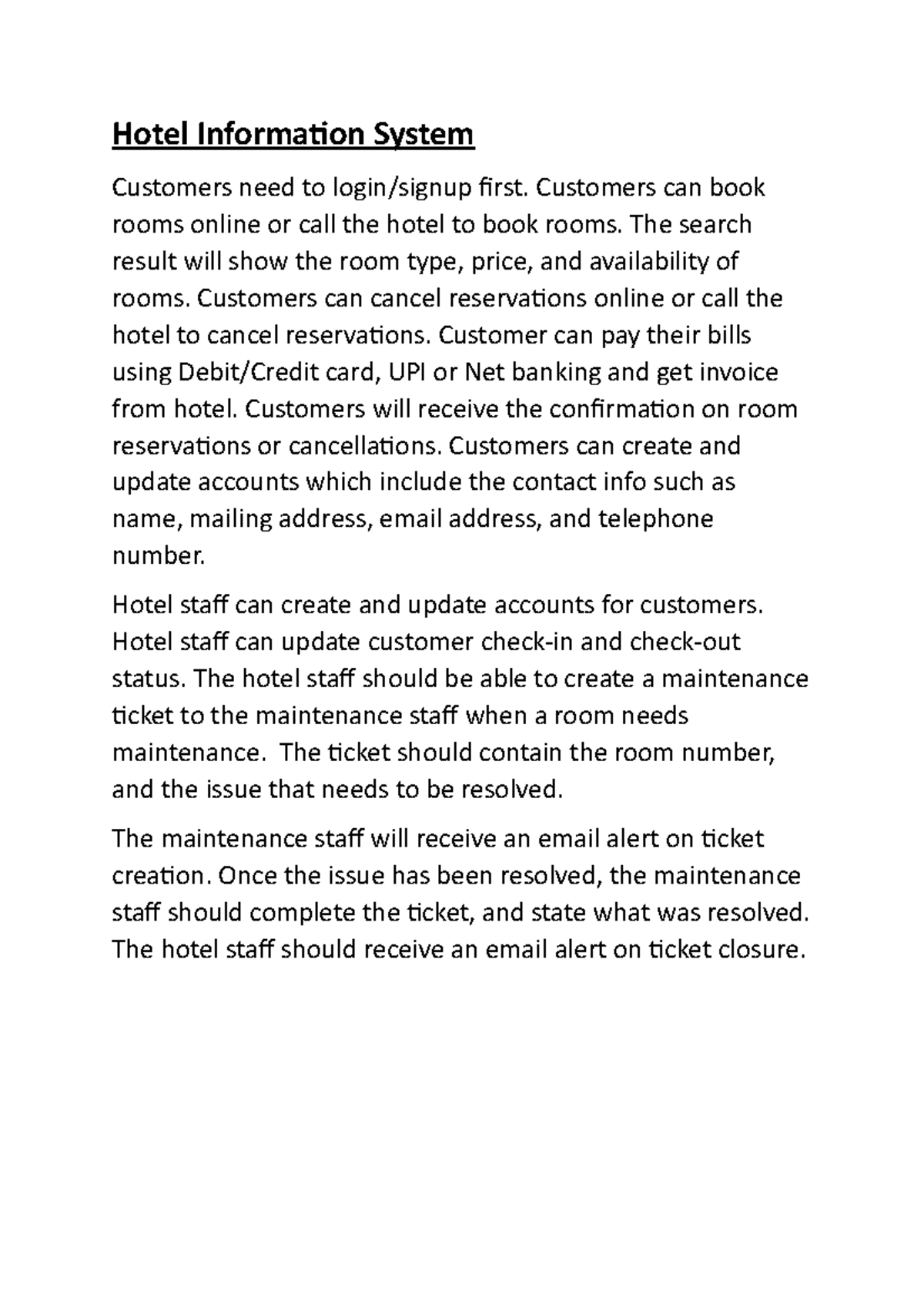 Software Engineering - Hotel Information System Customers need to login ...