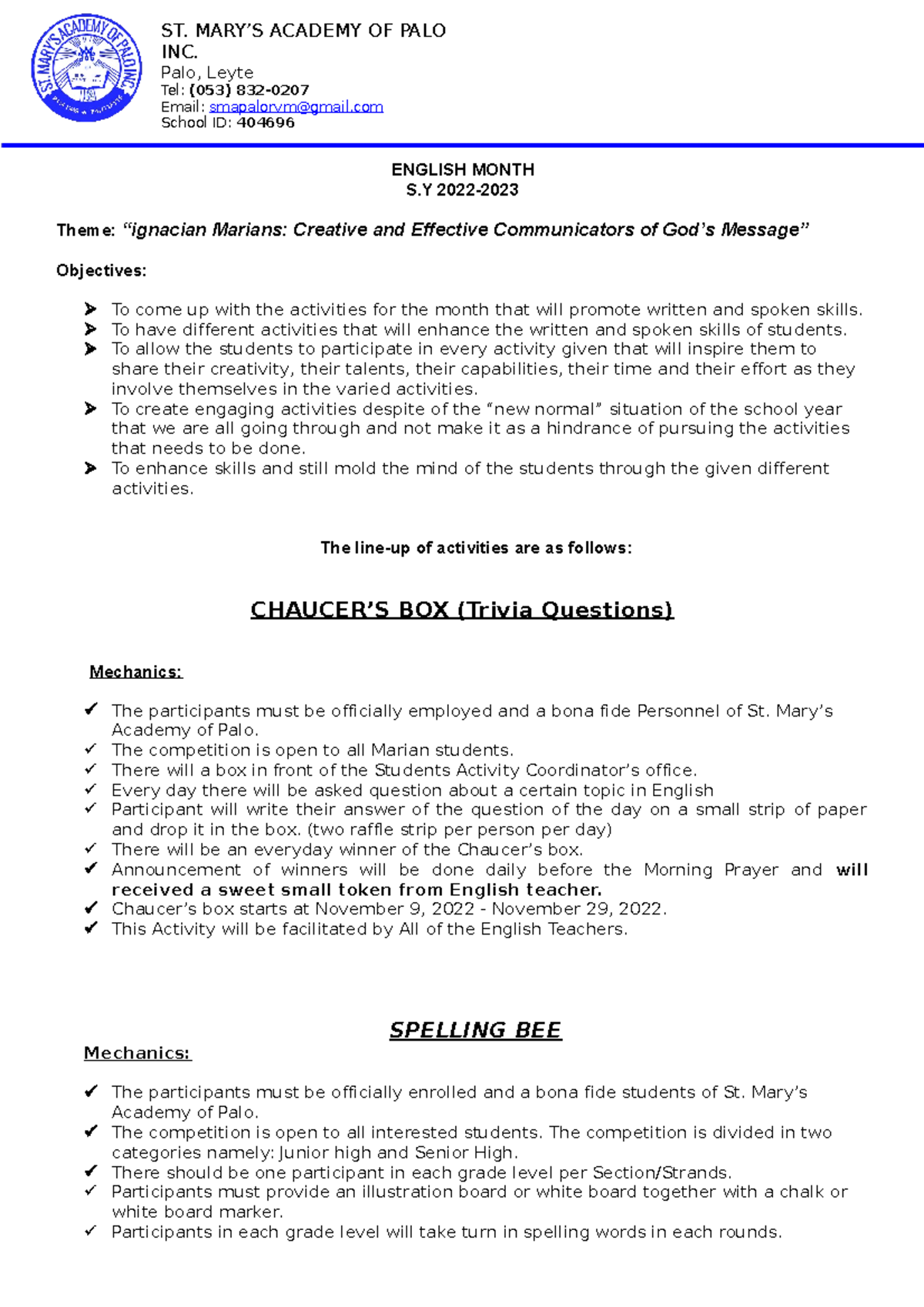 Activity Plan for the Moth of Nov. - ENGLISH MONTH S 2022- Theme ...