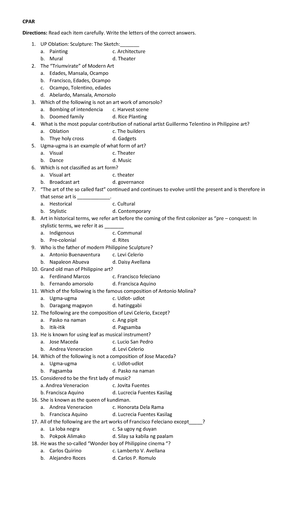 CPAR Reviewer FOR NAT - Hopes this helps - CPAR Directions: Read each ...