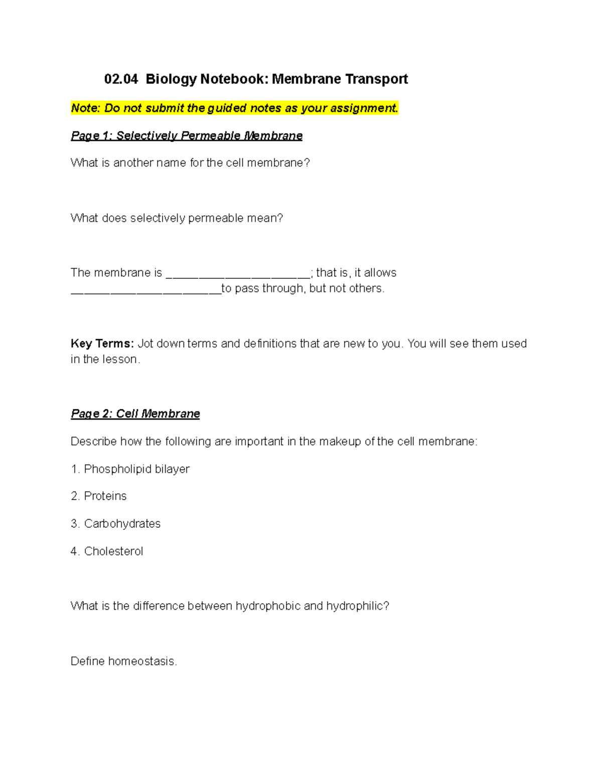 Copy of 2 04 Guided Notes-v23 - 02 Biology Notebook: Membrane Transport ...