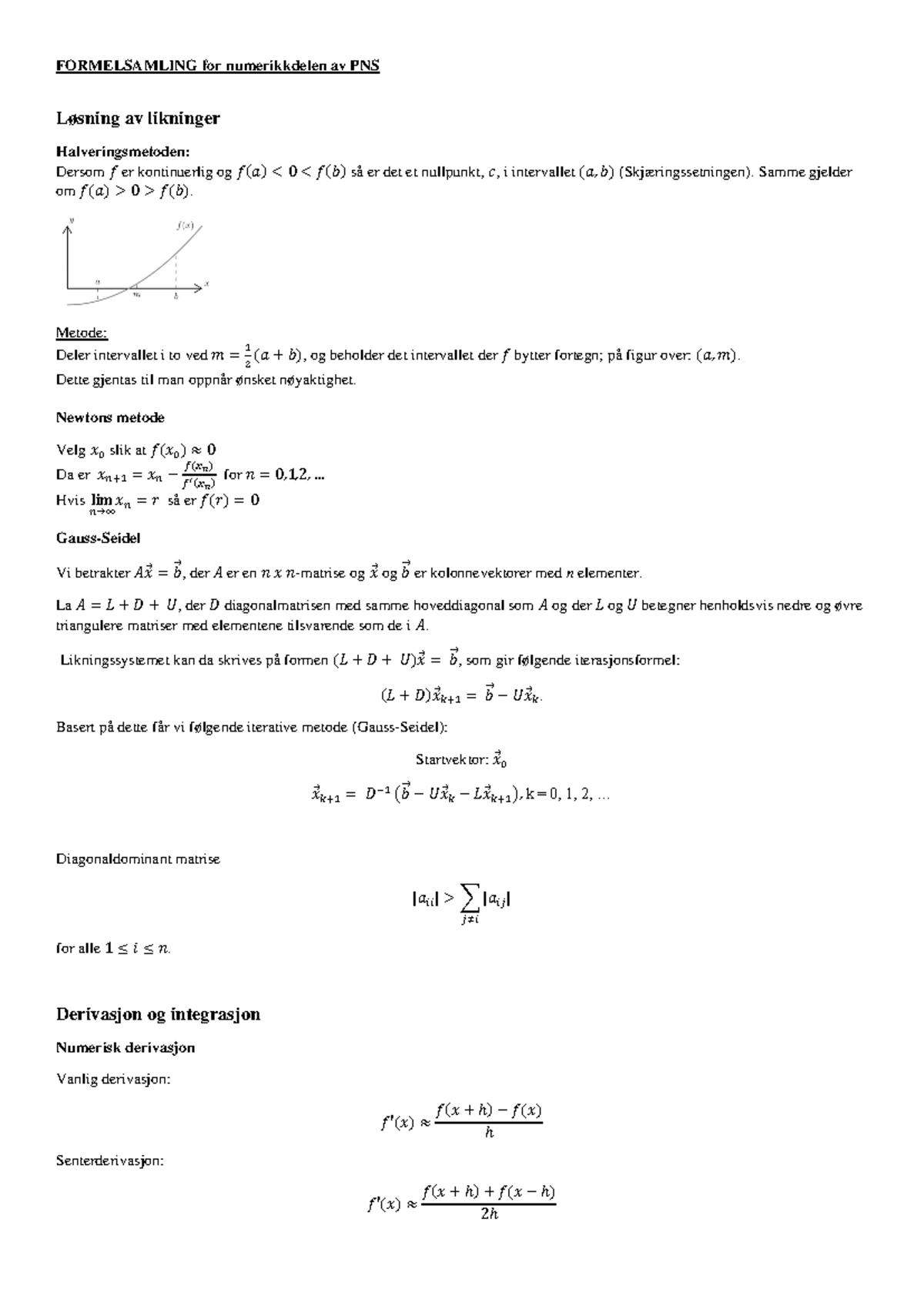 Formelark numerikk - FORMELSAMLING for numerikkdelen av PNS Løsning av ...