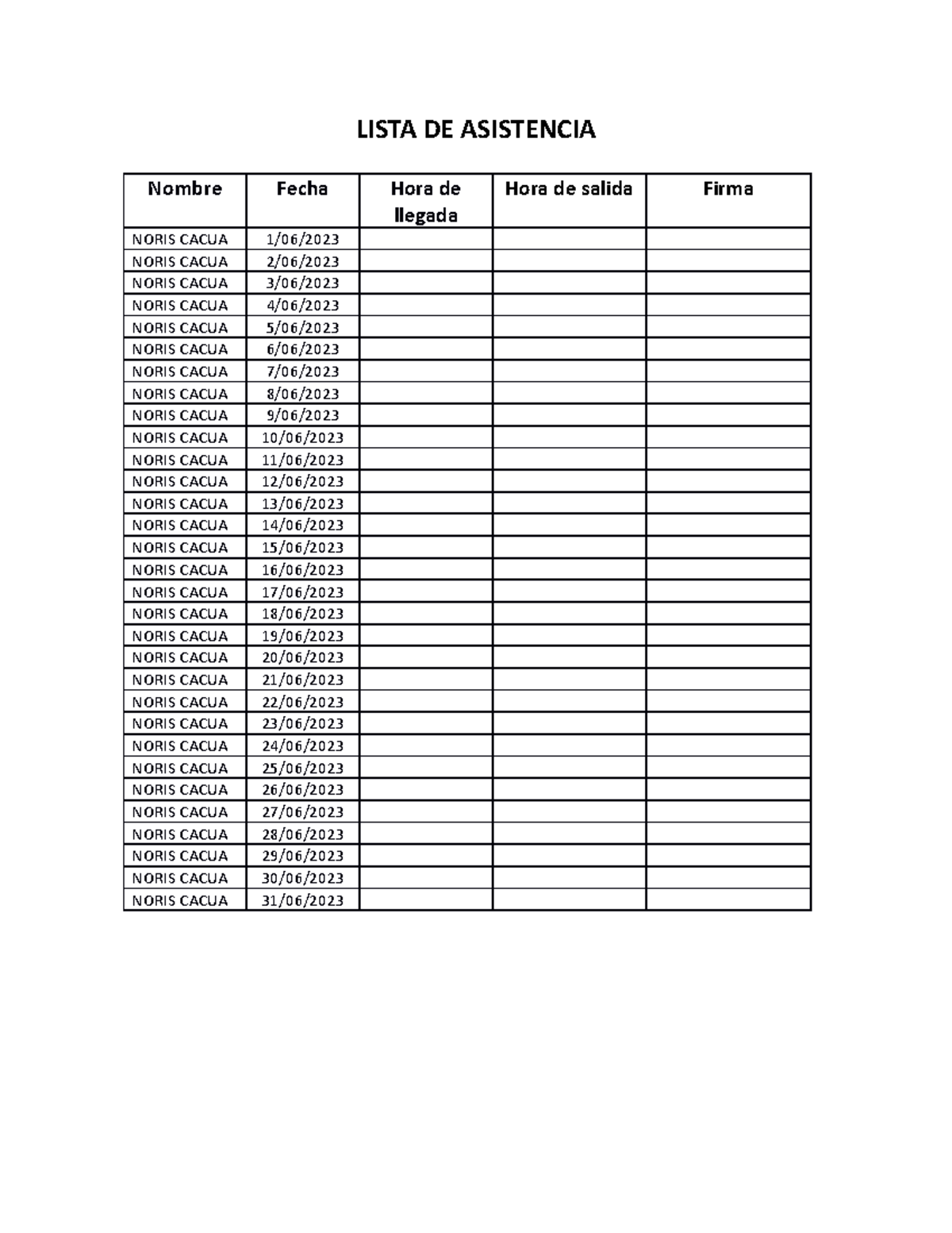 Listado ASIS - LISTA DE ASISTENCIA Nombre Fecha Hora de llegada LISTA DE ASISTENCIA LISTA DE ...