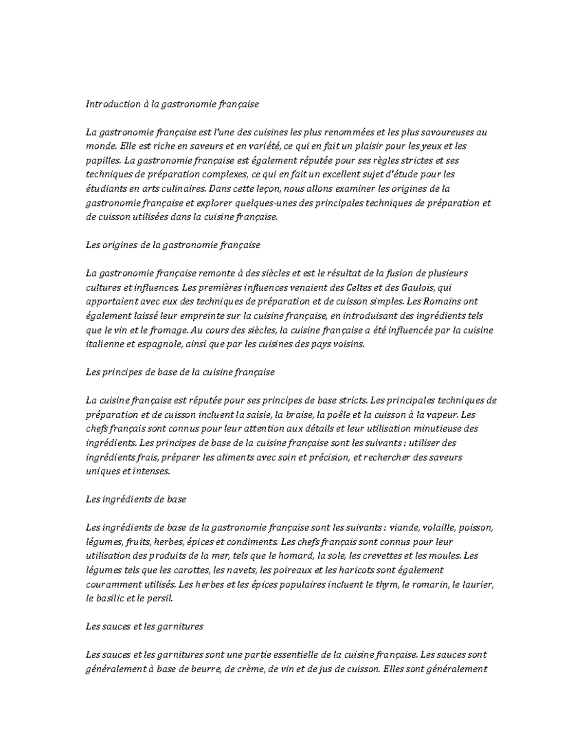 Culinary Arts Notes de cours - Introduction à la gastronomie française ...