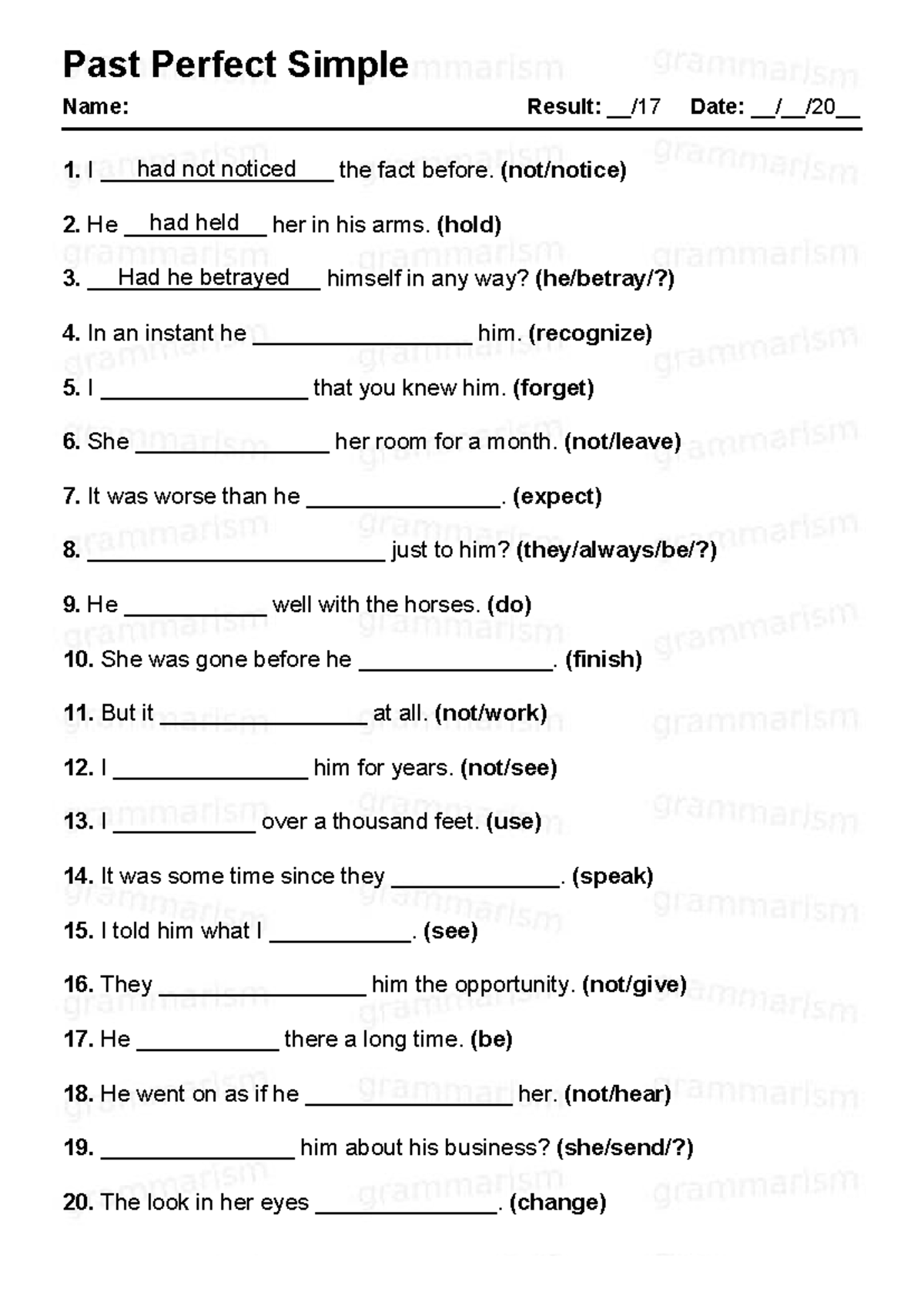Grammarism past perfect test 1 1697888 - Past Perfect Simple Name ...
