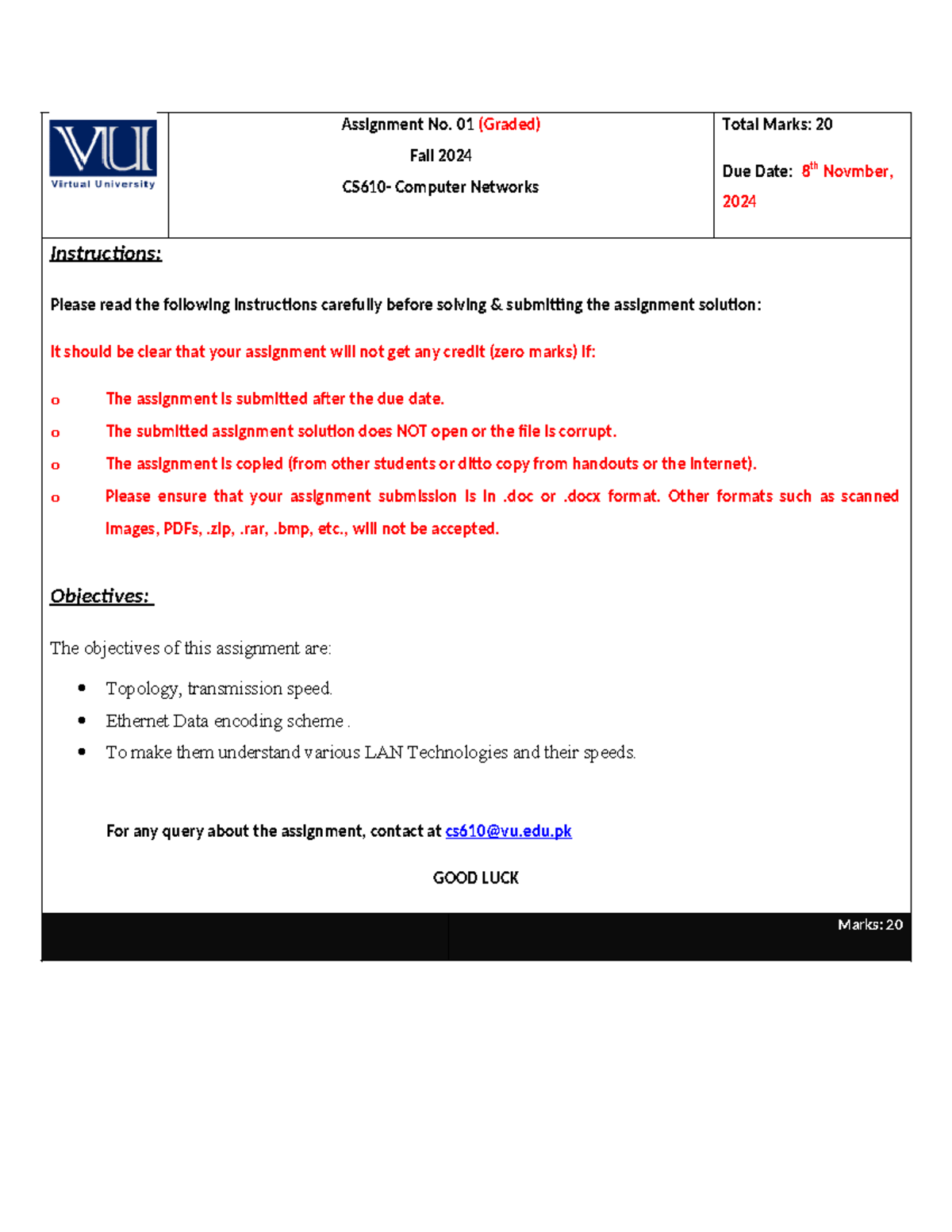 Fall 2024 CS610 1 - NONE - Assignment No. 01 (Graded) Fall 2024 CS610- Computer Networks Total ...