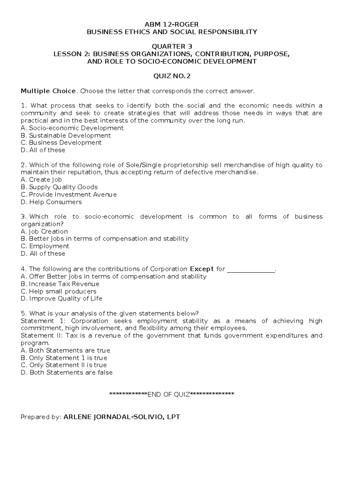 BUSINESS ETHICS AND SOCIAL RESPONSIBILITY - A Quiz - ABM 12-ROGER ...