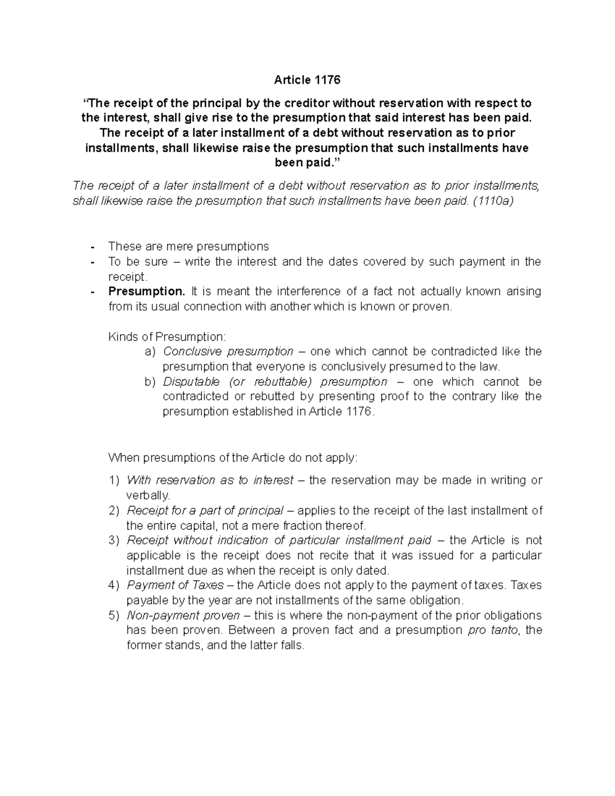 Law on oblicon Article-1176-1178 - Article 1176 “The receipt of the ...