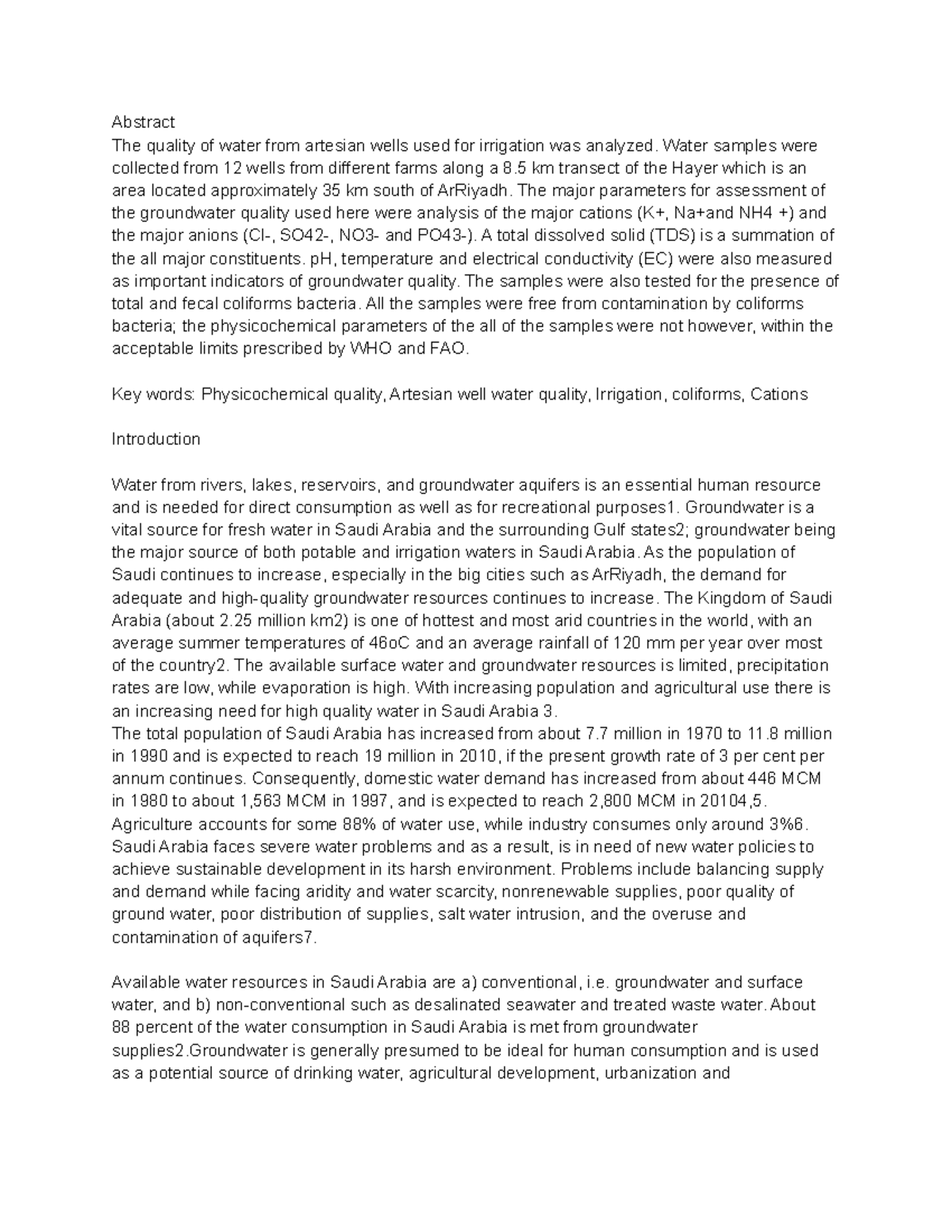 Quality of Artesian Water Analysis - Abstract The quality of water from ...