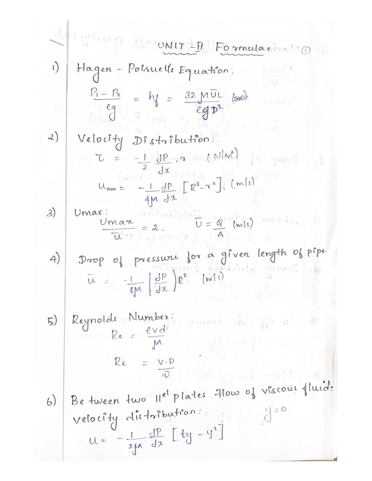 UNIT 2 FORMULAS - UNIT Formula I 1) Hagen Poisuells Equation P1 P2 hf ...