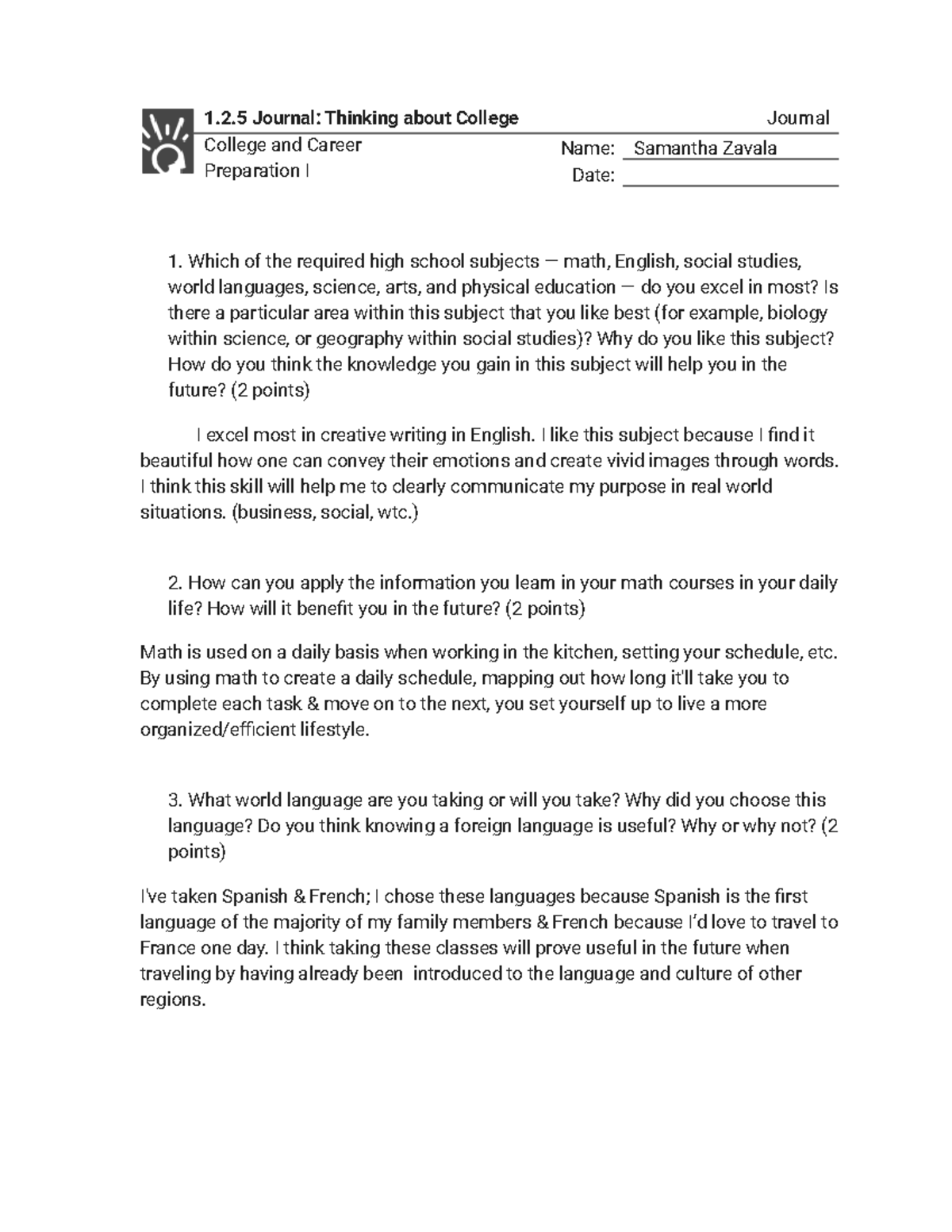 1.2.5 Journal - Thinking about College (Journal) 1002005 X9l2x4QO6 - 1. ...