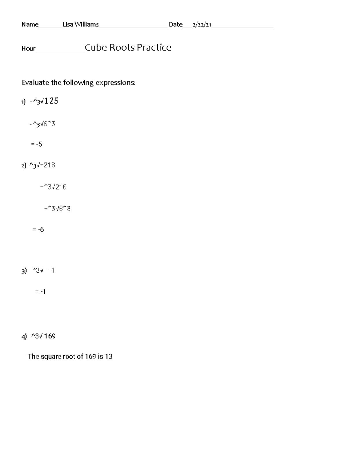 Cube Roots Practice-1 - Name_______Lisa Williams ...
