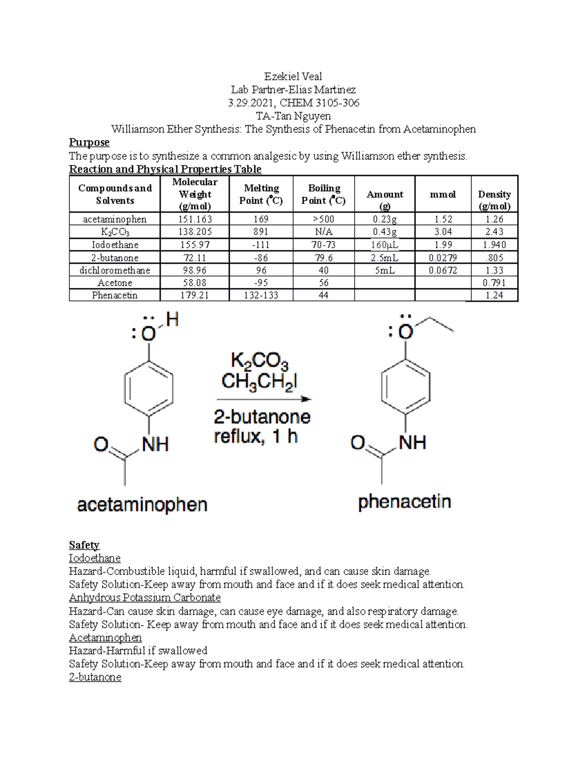 Ochem Lab Report 8 - Williamson Ether Synthesis: The Synthesis of ...