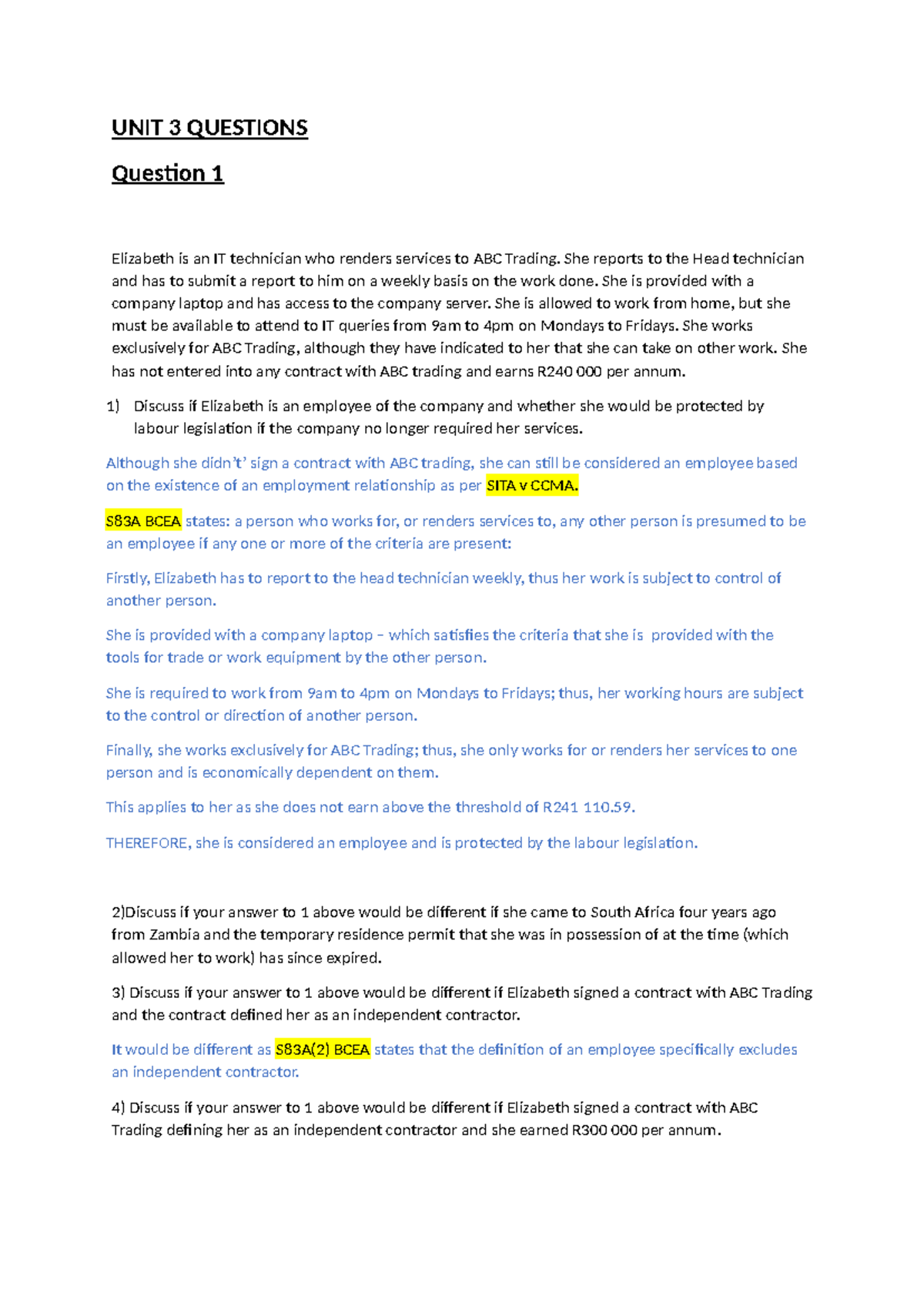 UNIT 3 Questions - UNIT 3 QUESTIONS Question 1 Elizabeth is an IT ...