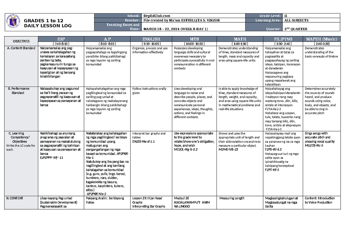 DLL ALL Subjects 2 Q3 W8 D1 - GRADES 1 to 12 DAILY LESSON LOG School ...