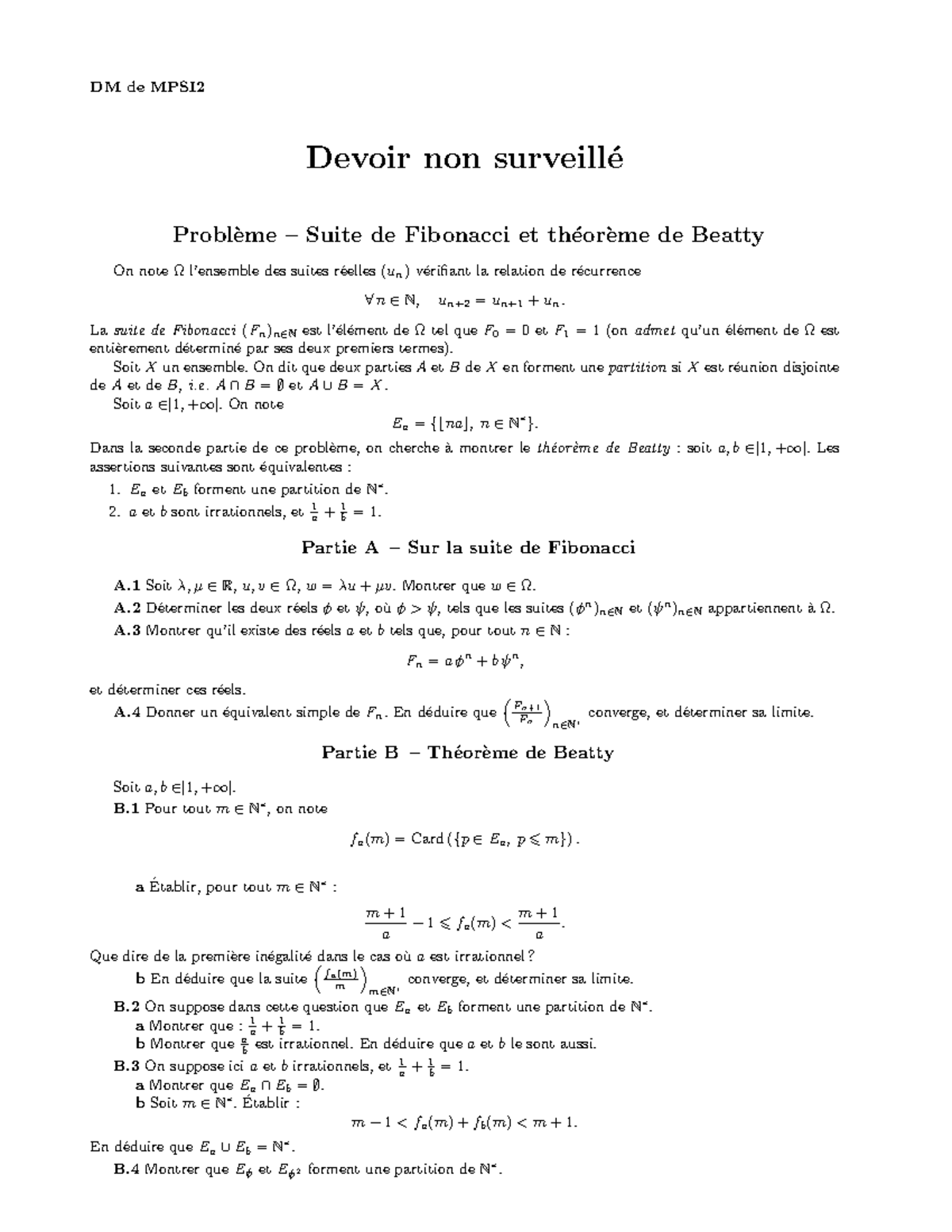 DM Beatty - DM de MPSI Devoir non surveill ́e Probleme – Suite de Fibonacci et th ́eoreme de ...